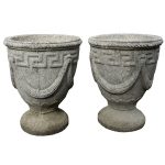 Pair of Cast Stone Greek Key and Swag Relief Urns | Inner Gardens