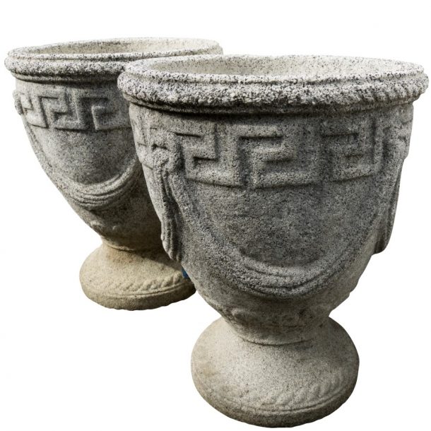 Pair of Cast Stone Greek Key and Swag Relief Urns | Inner Gardens